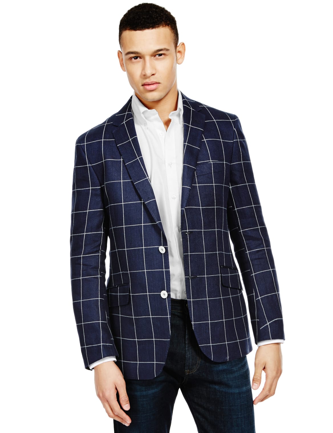 Linen Blend Tailored Fit 2 Button Windowpane Check Jacket Navy | Edgemix