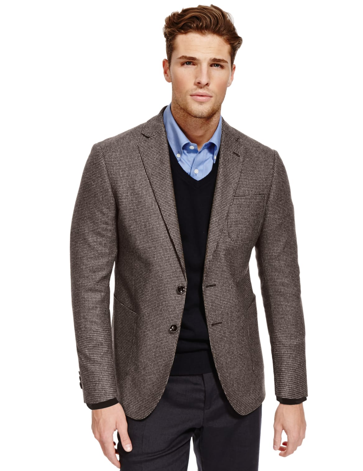 Wool Rich 2 Button Check Jacket Brown | Edgemix